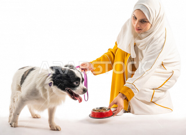 Portrait of a Saudi Arabian Gulf woman with her pet, feeding her pet ...