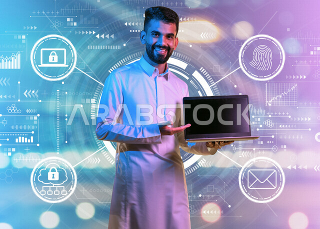A Saudi Arabian Gulf man working on cyber security programs, computer ...