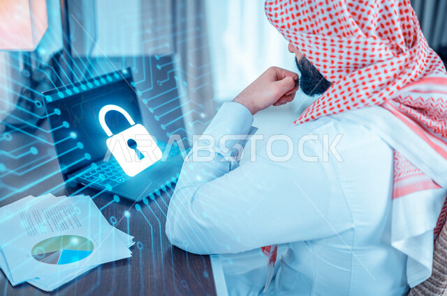 A Saudi Arabian Gulf man working on cyber security programs, computer ...