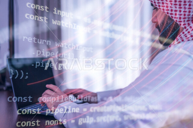 A Saudi Gulf Arab man using a laptop, working as a web developer, using programming languages ...
