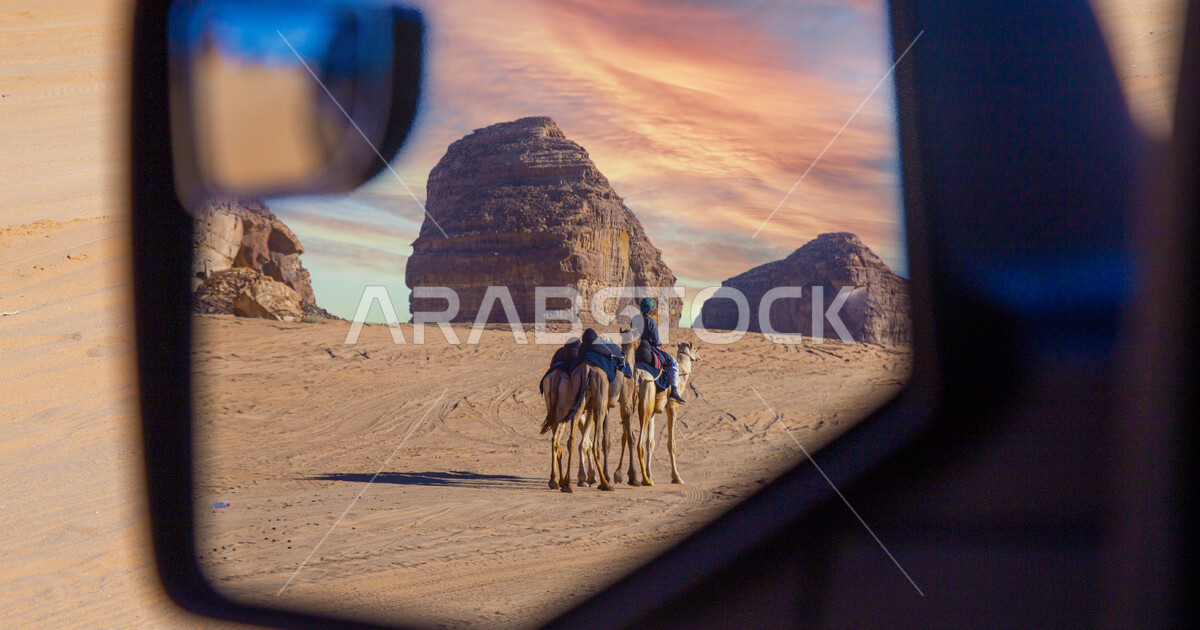 Reflection image of Al-Ula Governorate on the car mirror, camel animals ...