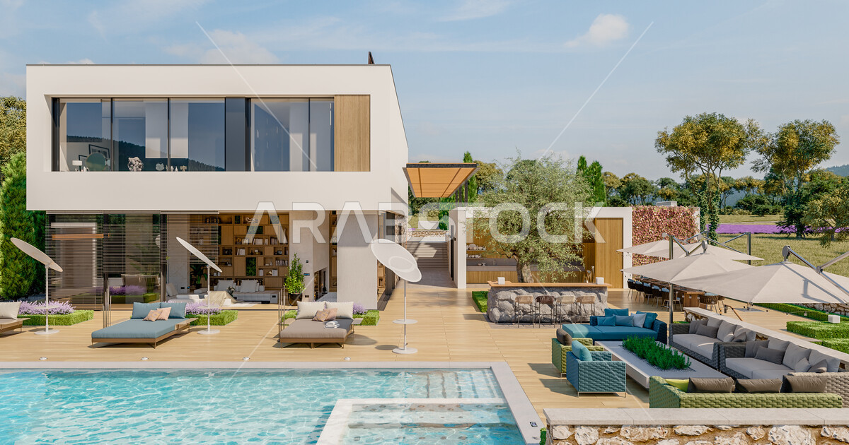 A picture of an outdoor villa with a small pool, modern and attractive ...