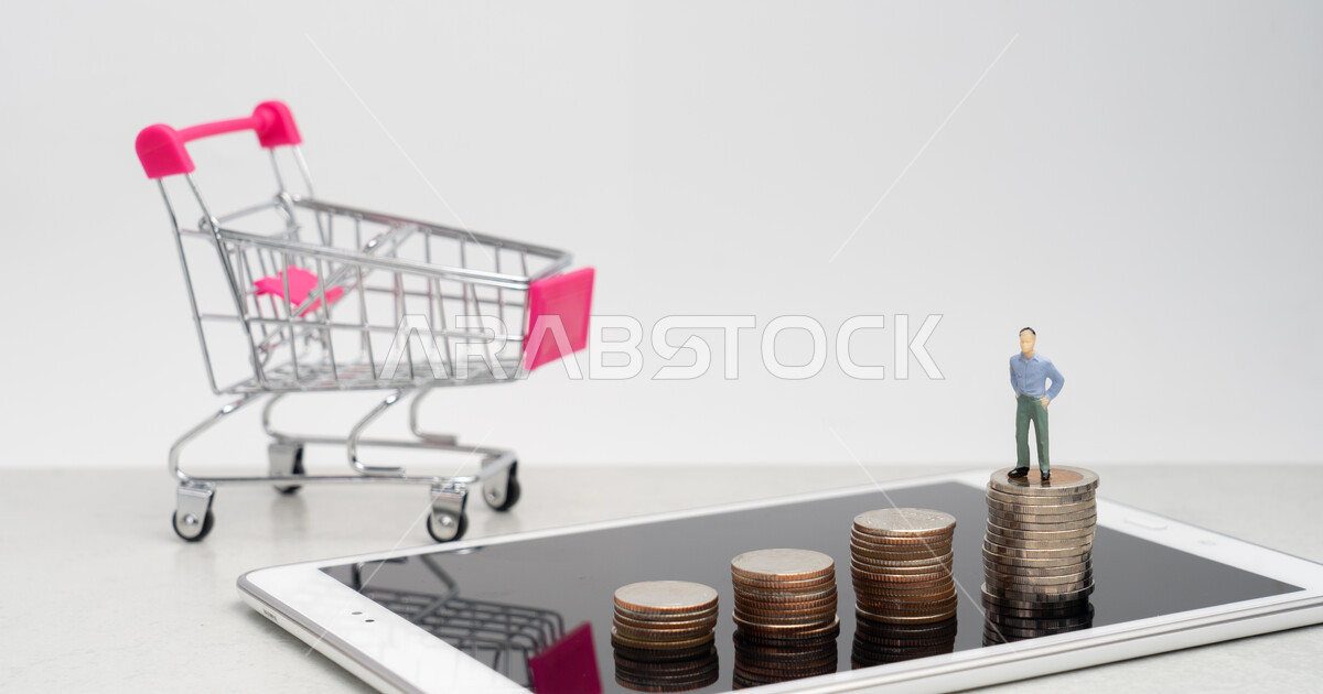 Illustration of online shopping with cart, coins and tablet, white ...