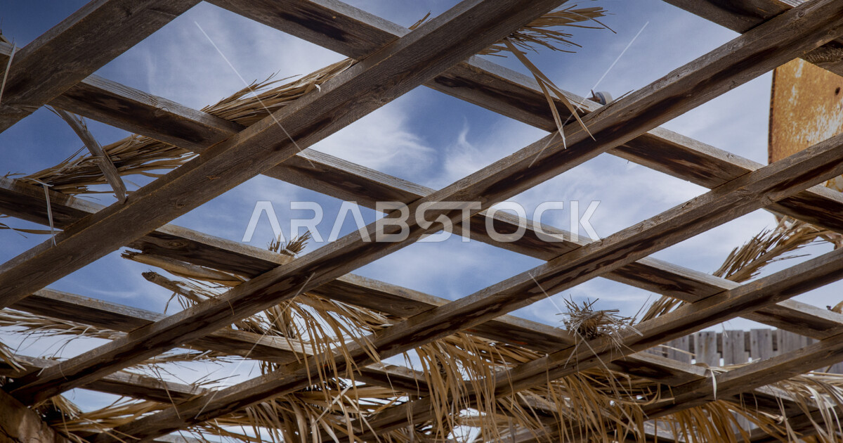 A picture of an old wooden ceiling made of palm fronds, ancient ...