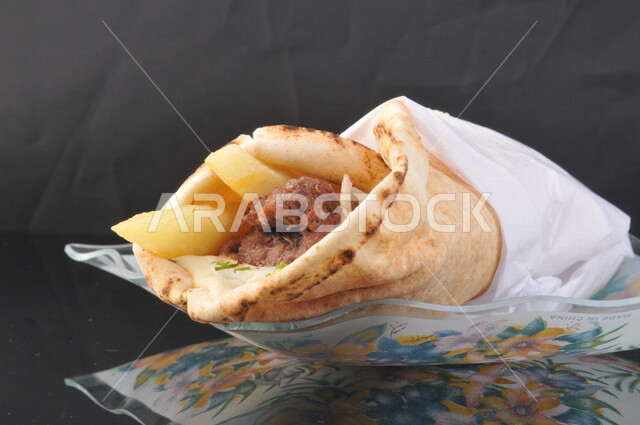 Close-up of delicious kebab sandwich, delicious fast food, arabic ...