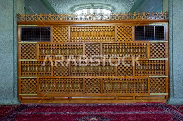 Decorative wooden wall inside the mosque of the Prophet Muhammad, peace ...