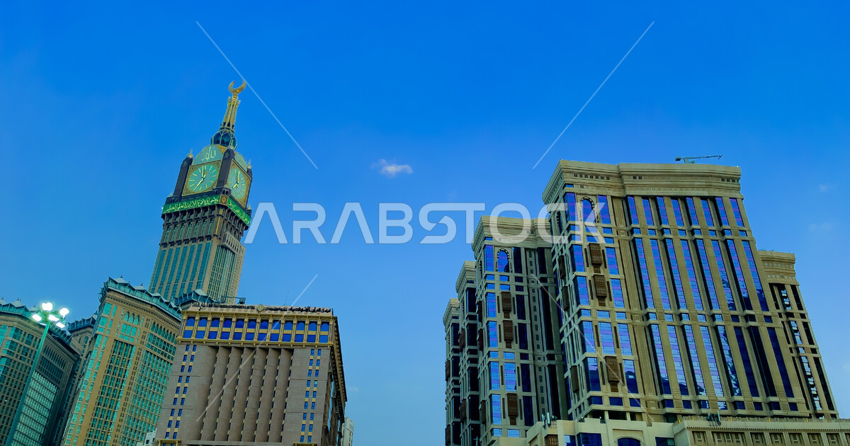 A lower angle view of the clock tower in Makkah Al Mukarramah, Kingdom ...