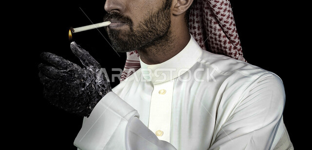 Portrait of a Saudi Arabian Gulf man wearing a Saudi dress smoking ...