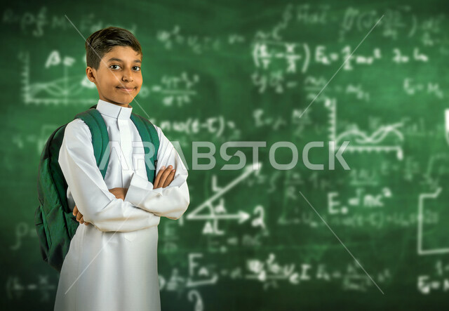 Saudi Arabian Gulf student wearing school uniform, school backpack ...