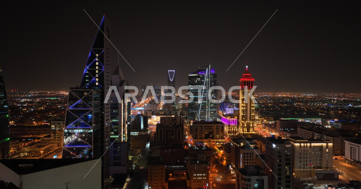 Towers and skyscrapers in Riyadh, Saudi Arabia, luminous towers ...