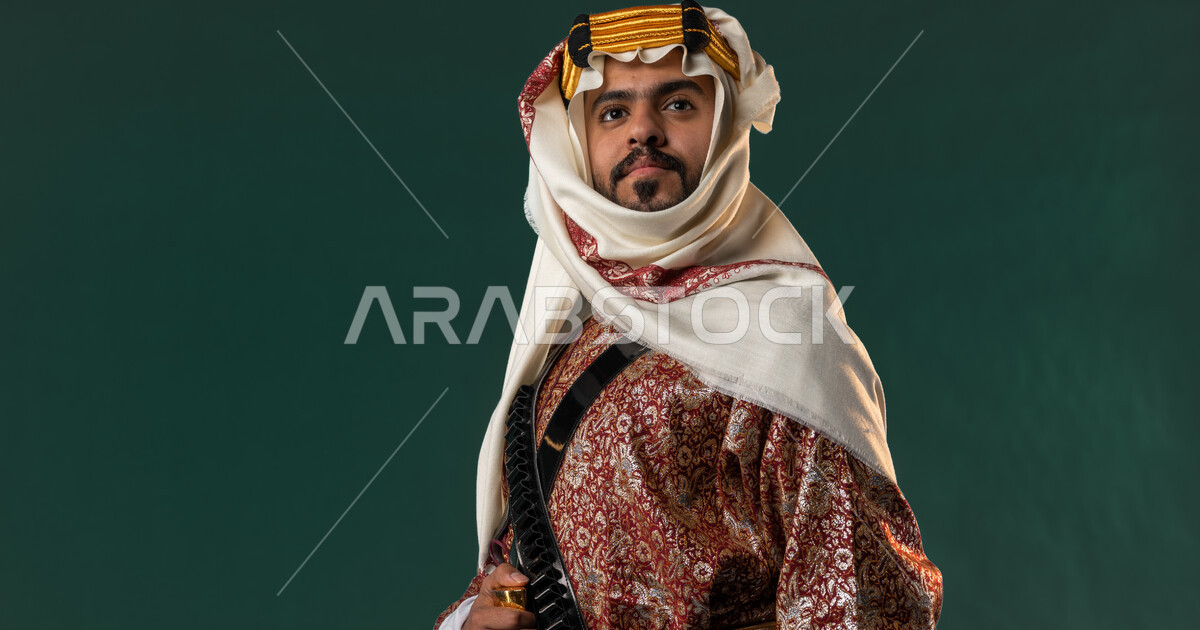 A chroma of a Saudi Arabian Gulf man, wearing an ancient traditional ...