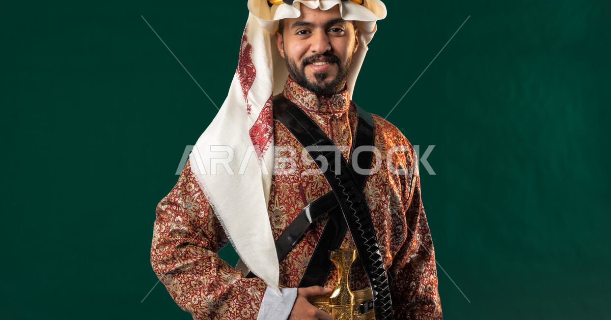 A chroma of a Saudi Arabian Gulf man, wearing an ancient traditional ...
