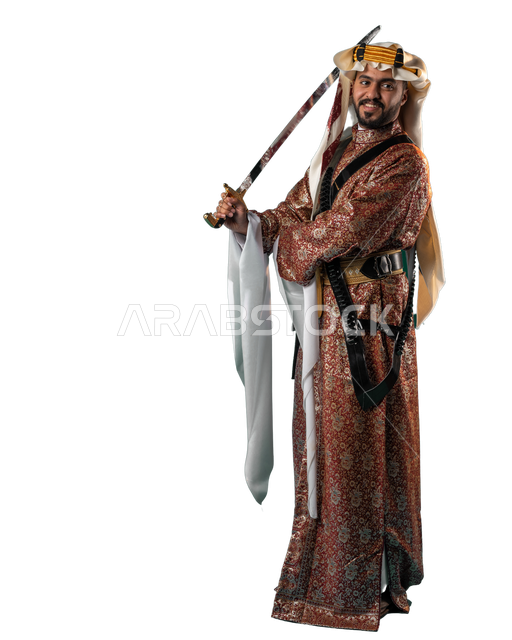 A chroma of a Saudi Arabian Gulf man, holding a sword in his hand ...