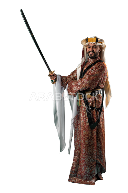A chroma of a Saudi Arabian Gulf man, holding a sword in his hand ...