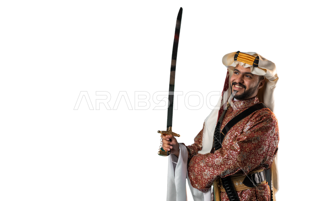 A chroma of a Saudi Arabian Gulf man, holding a sword in his hand ...