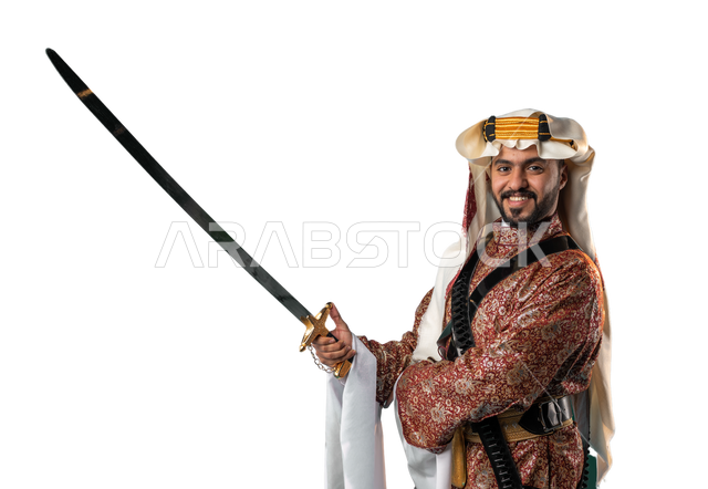 A chroma of a Saudi Arabian Gulf man, holding a sword in his hand ...
