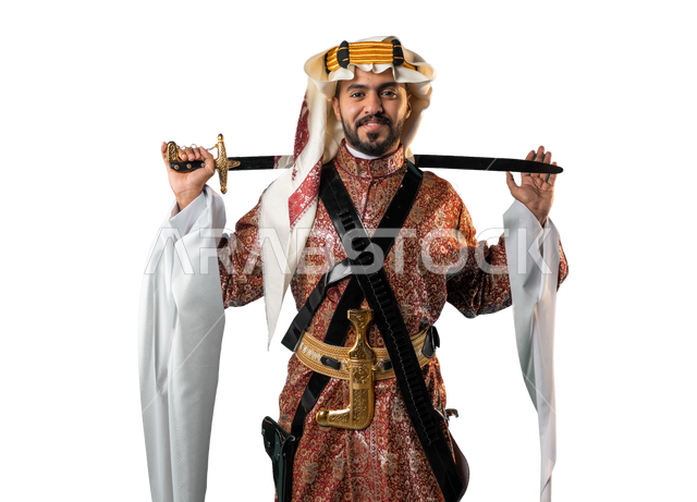 A chroma of a Saudi Arabian Gulf man, holding a sword in his hand ...