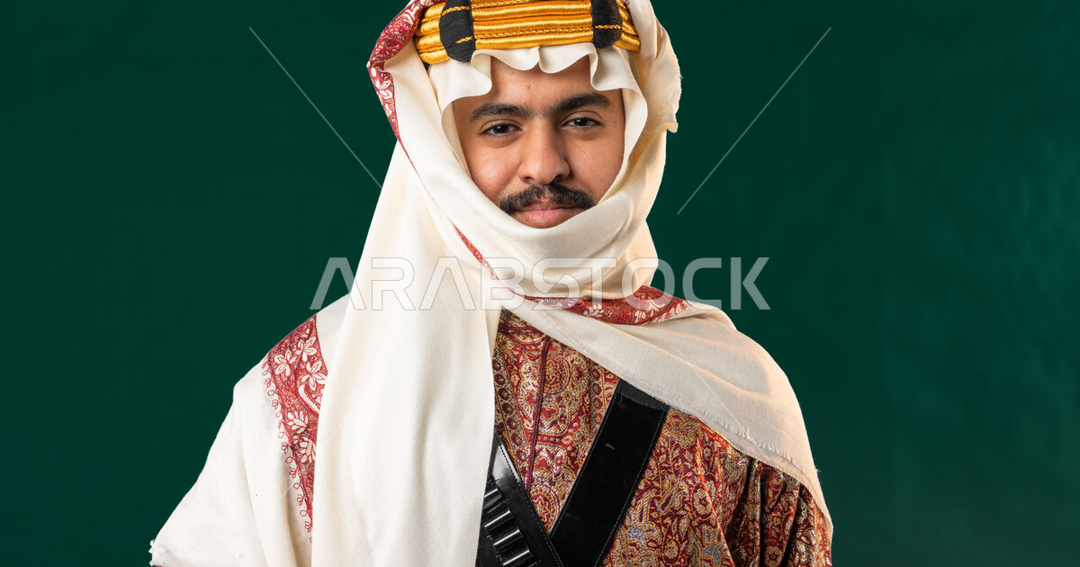 A chroma of a Saudi Arabian Gulf man, wearing an ancient traditional ...