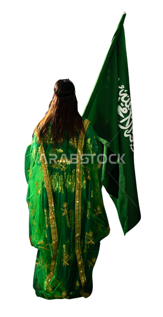 Portrait from the back of a Saudi Arabian Gulf woman raising the flag ...