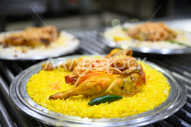 Traditional Saudi Arabian and Gulf foods ready to be served, preparing ...