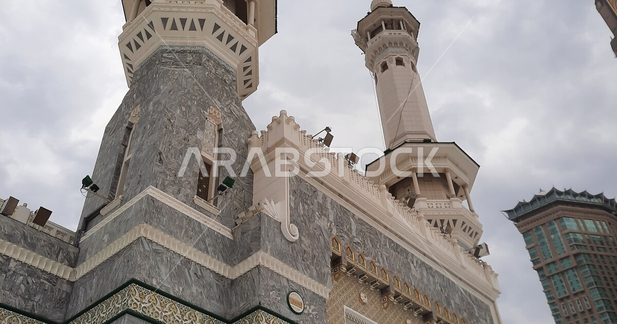 A lower-angle picture of the Grand Mosque in Mecca, Saudi Arabia, the ...