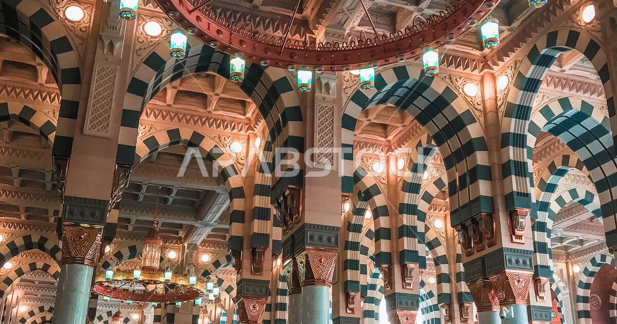 Close-up of inside the Prophet’s Mosque in Medina, Saudi Arabia ...