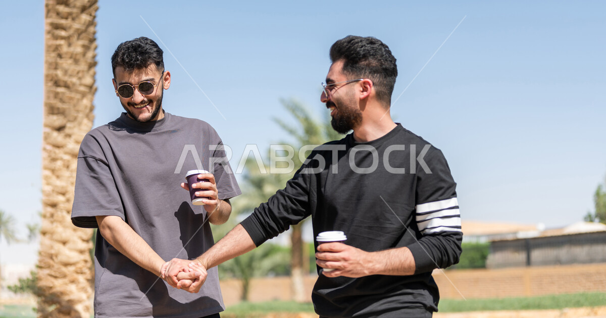 Two young Saudi Arabs from the Gulf meet in a public park and shake ...