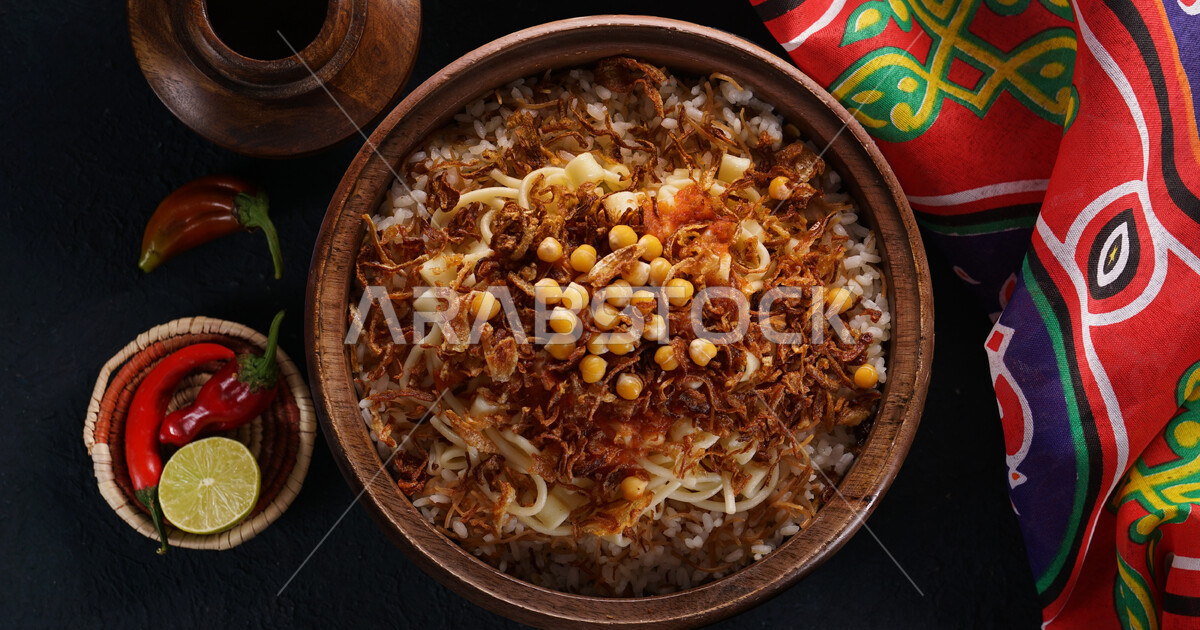 A plate of the famous Egyptian koshary, traditional popular dishes ...