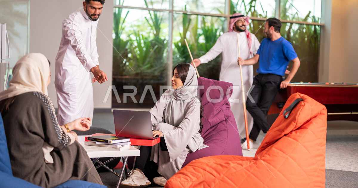 A group of Saudi Arabian Gulf university students at break time at the ...