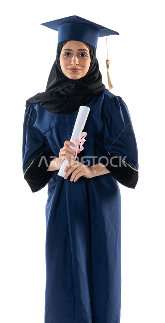Portrait of a Saudi Arabian Gulf student wearing an abaya and graduation cap, holding a ...