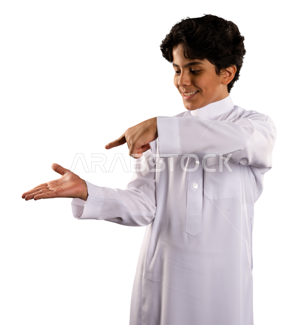 Portrait of a Saudi Arabian Gulf boy wearing the Saudi dress, hand ...
