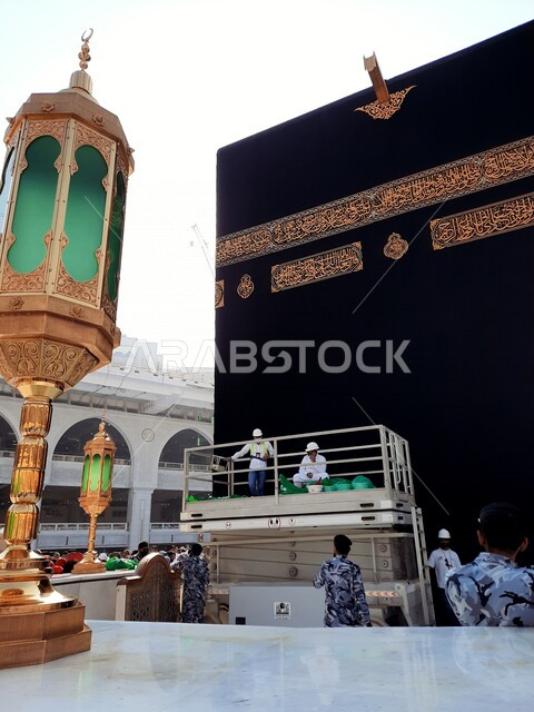 Close-up of the Kaaba in the Great Mosque of Mecca, maintenance of the ...