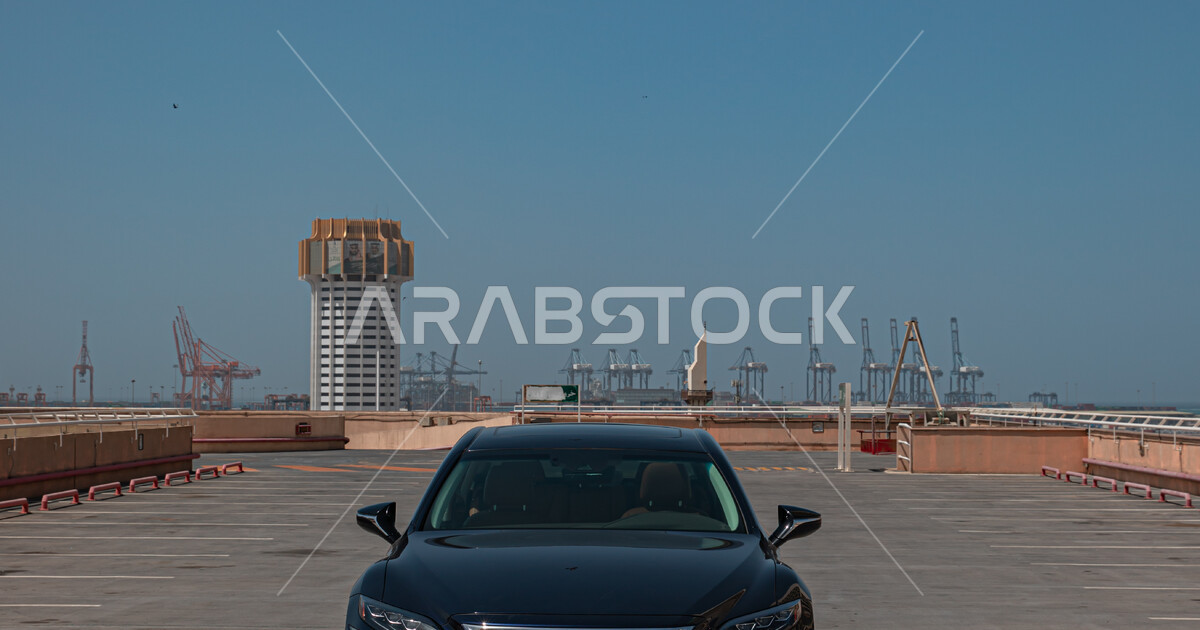 Black Lexus car parked in Jeddah port, Jeddah port tower luxury cars ...