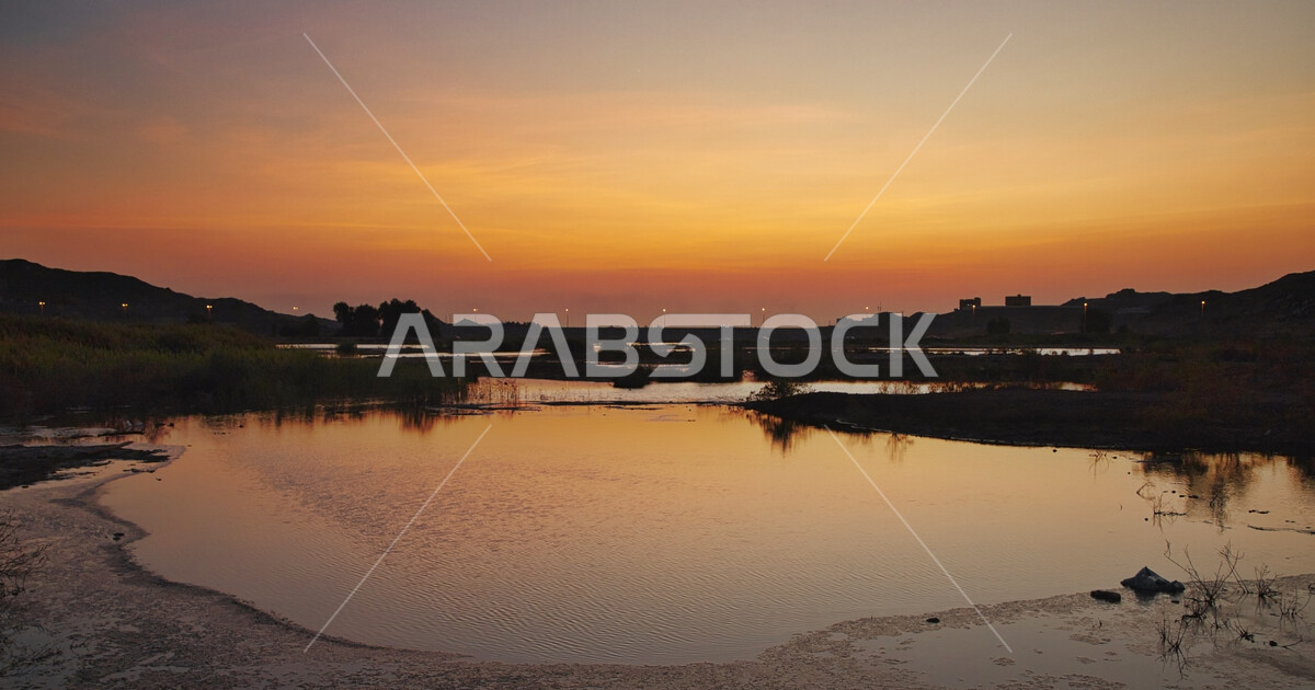 Lake in Saudi Arabia at sunset, nature in Saudi Arabia, sunset view in ...