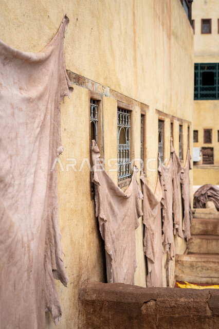 Hanging leather in the tannery, drying leather, tanning leather ...