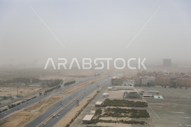 Aerial photo of car traffic in Jeddah, Saudi Arabia, foggy weather ...