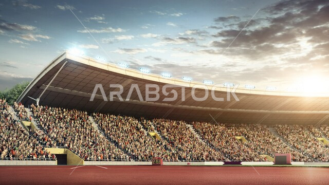 An amphitheater full of fans, a running track, a sports arena ...