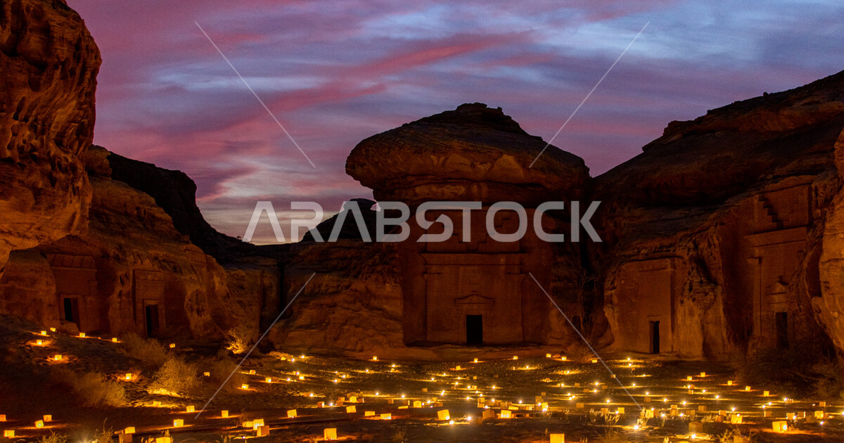 A group of luminous candles in front of the Flying Museum in Al-Ula ...