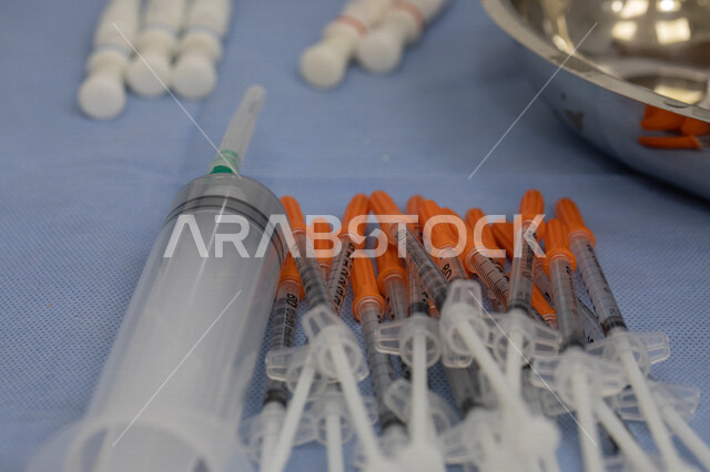 Close-up of a group of medical syringes, operating room, syringe ...