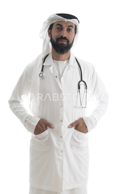 Portrait of an Arab Emirati Gulf doctor in traditional attire, wearing ...