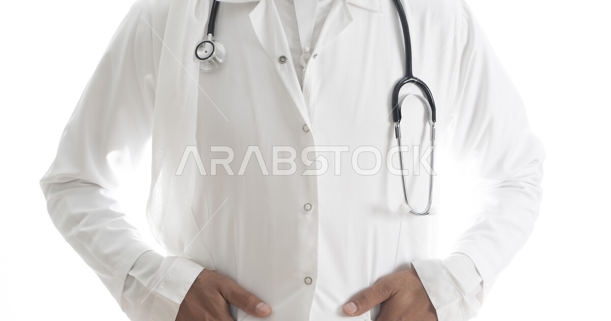 Portrait of an Arab Emirati Gulf doctor in traditional attire, wearing ...
