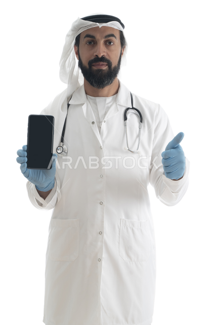 Portrait of an Arab Gulf Emirati doctor in traditional attire, wearing ...