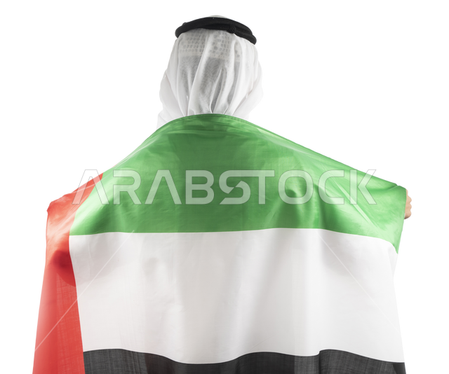 Portrait from the back of an Emirati Arab Gulf man, in traditional ...