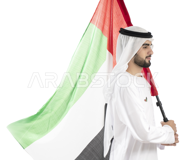 Portrait of a corner from the side of an Arab Emirati man, wearing the ...