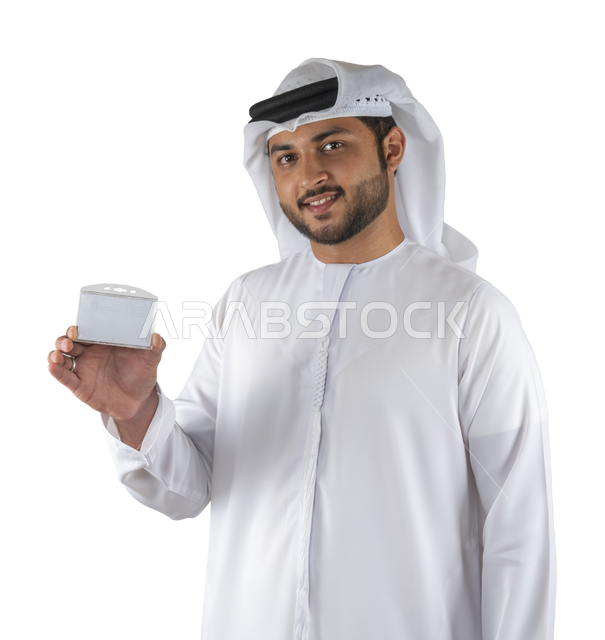 Portrait of an Arab Emirati Gulf man wearing traditional Emirati dress ...