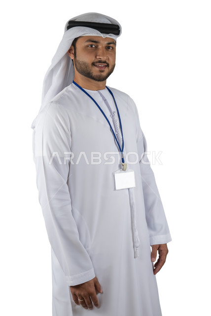 Portrait of an Arab Emirati Gulf man wearing traditional Emirati dress ...