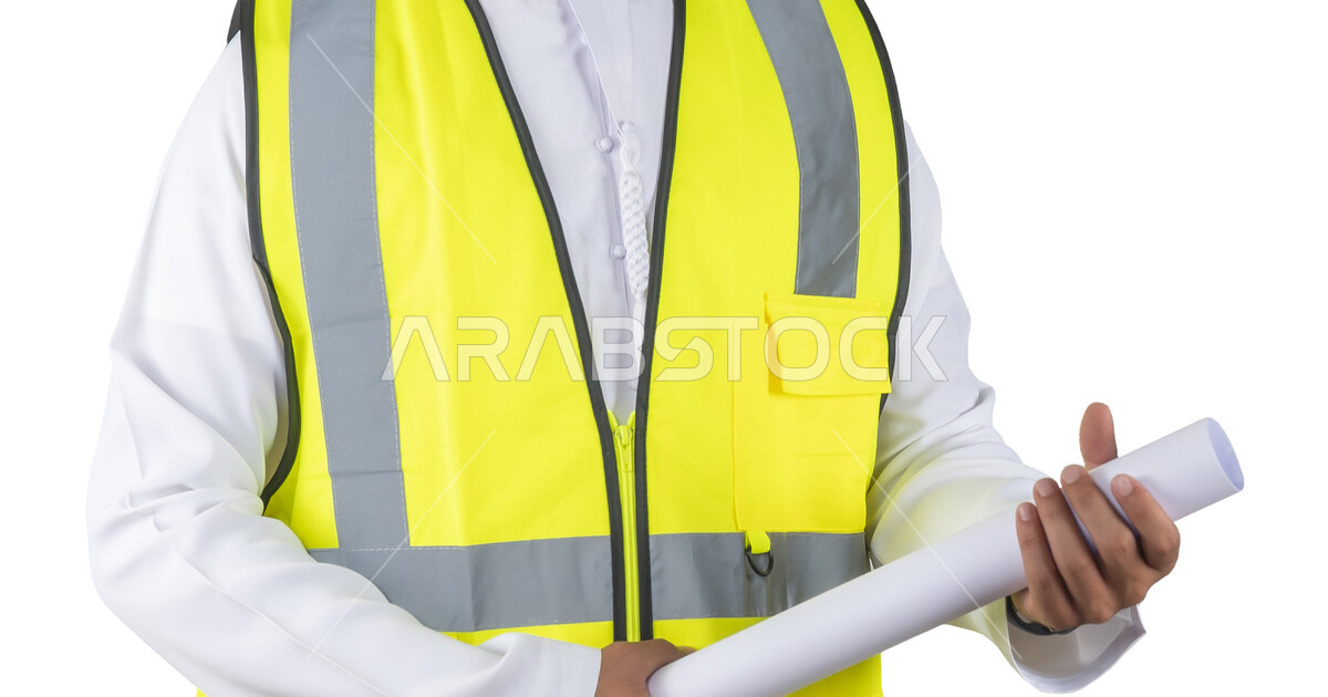 Portrait of an Arab Gulf Emirati engineer wearing a work protection ...