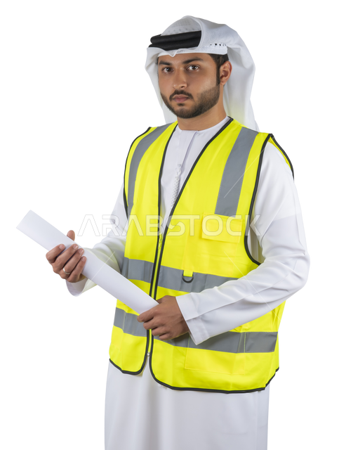 Portrait of an Arab Gulf Emirati engineer wearing a work protection ...