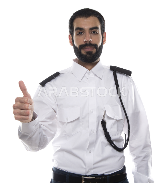 Portrait of an Arab Gulf Emirati security man wearing a uniform for ...