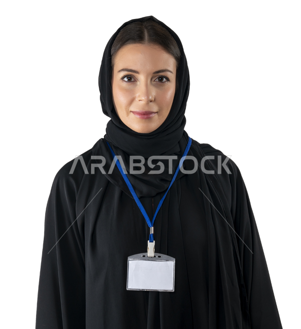 Portrait of a smiling, veiled Emirati Arab Gulf woman, wearing a blank ...